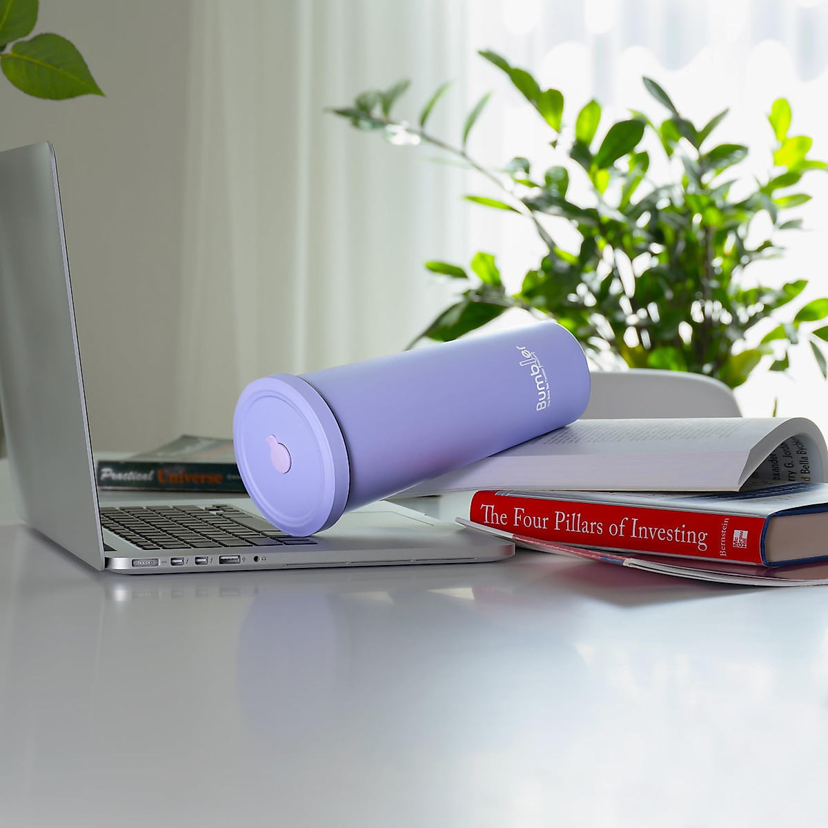 Stainless Steel Bubble Tea Cup - Bumbler 24oz Large Reusable Eco-Friendly Tumbler with Wide Soft Tip Metal Straw, Leak-Proof Lid - for Boba, Smoothies, Iced Coffee, Hot or Cold Drinks - Lavender