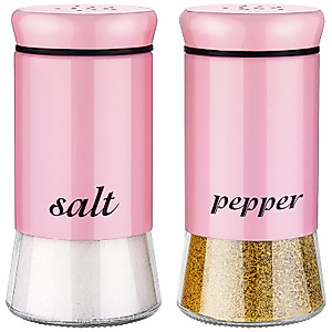 Pink Salt and Pepper Shakers - Pink Kitchen Accessories Decor- 5 oz Glass Salt and Pepper Set for Cooking Table, RV, BBQ, Easy to Clean & Refill
