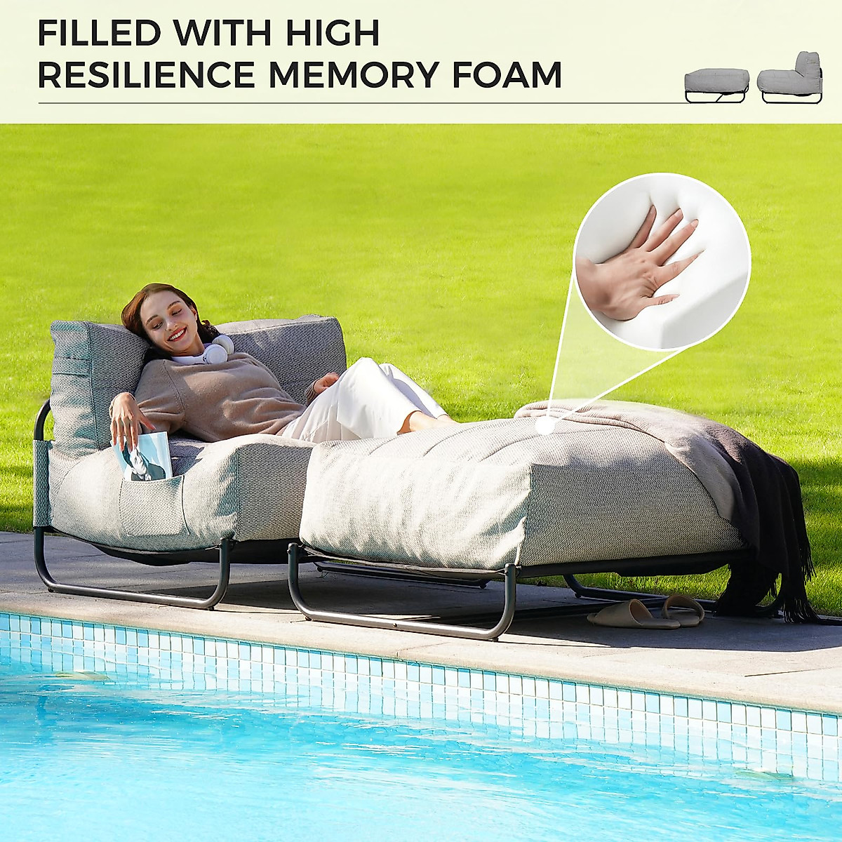 Grand patio 3FT Bean Bag Chair with Ottoman, Oversized Cloud Memory Foam Furniture Beanbag with E-Coated Steel Frame Olefin Removable Cover for Outdoor & Indoor (40"/Grey)