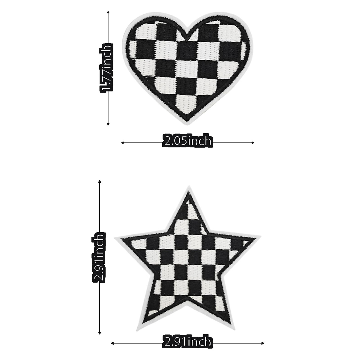 16Pcs Black&White Checkered Heart&Star Western Iron on Embroidered Set, Contains 8 Heart Patches and 8 Star Patches, Black&White Embroidered Sew on Patch Applique Embellishments for Jeans, Hat