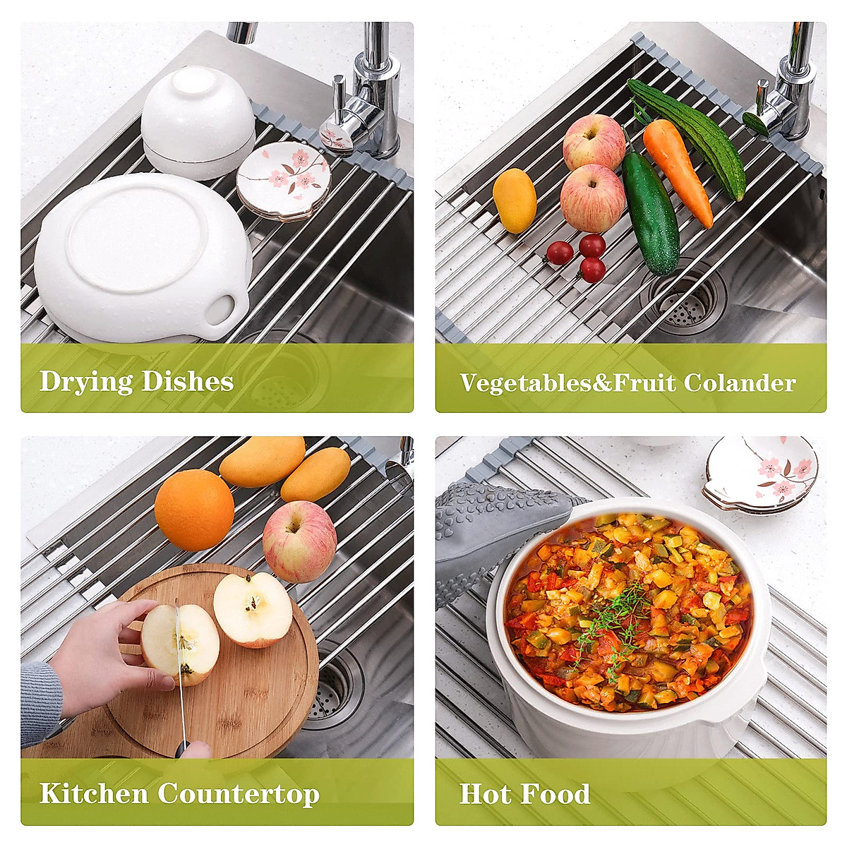 HIGEEK Roll Up Dish Drying Rack Over The Sink Dish Rack Kitchen Rolling Dish Drainer Over Sink, Foldable Sink Rack Mat Stainless Steel Wire Dish Drying Rack for Kitchen Sink Counter (17.5''x11.8'')