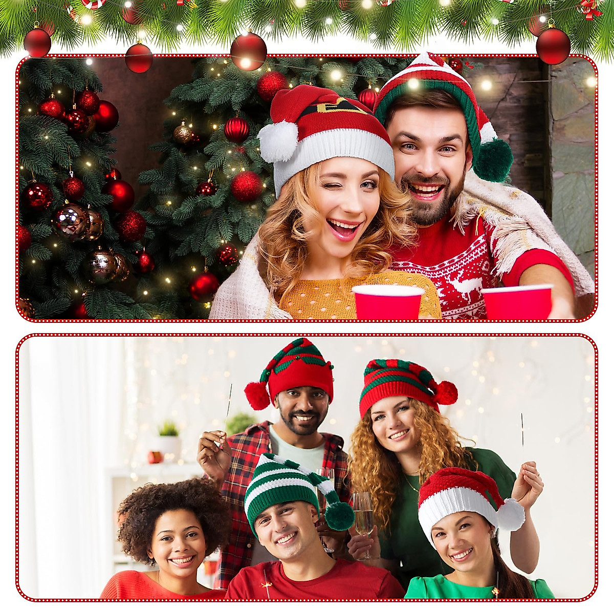 Liitrsh 12 Pcs Christmas Knitted Hat Long Striped Socks Set 6 Pcs Santa Xmas Beanie Winter Knitted Cap 6 Pair Thigh High Christmas Socks Striped Stockings for Women and Girls Gift, Multicolor