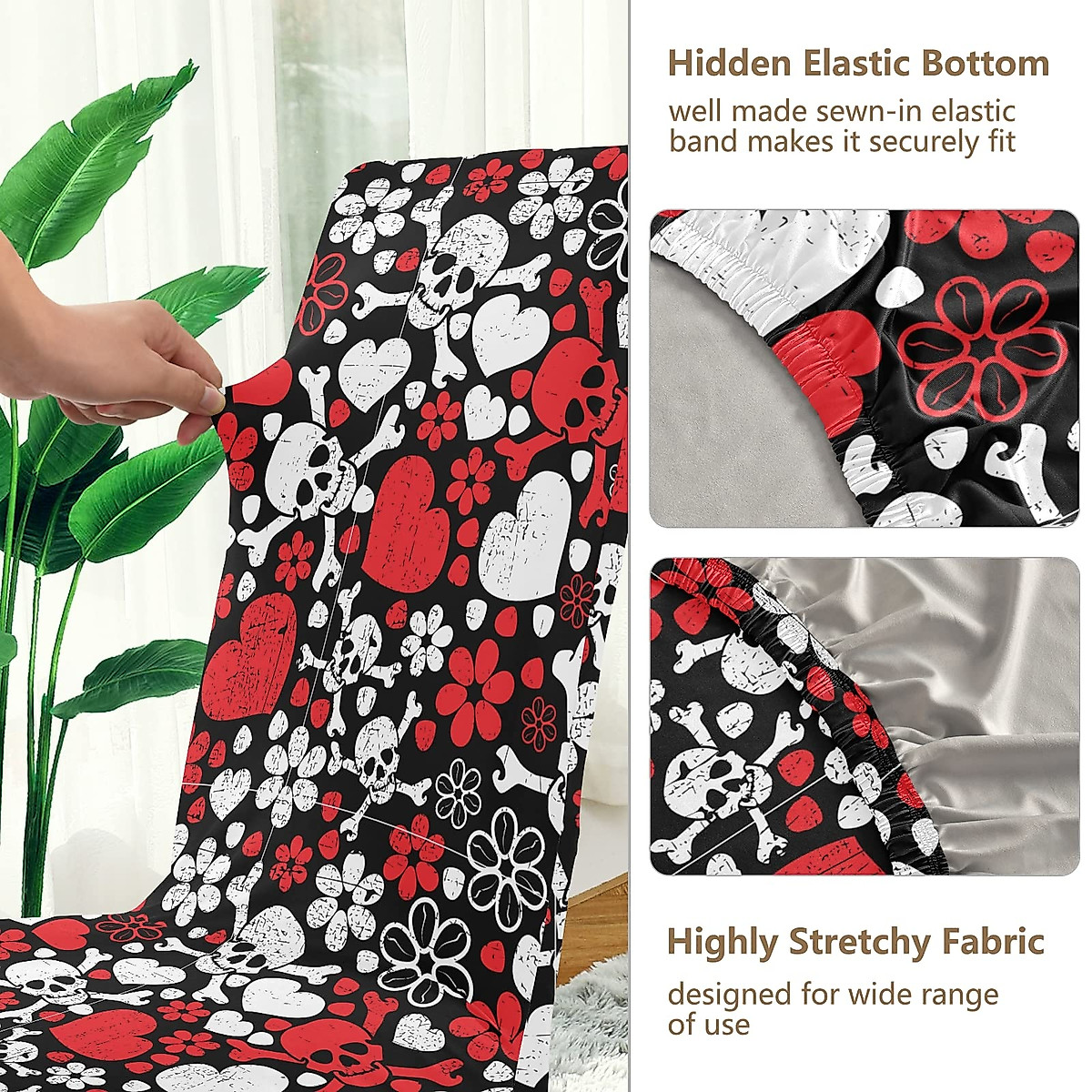 Red Skulls Flowers Hearts Dining Chair Covers Set of 2 Spandex Stretch Chair Slipcovers for Home Party Hotel Wedding