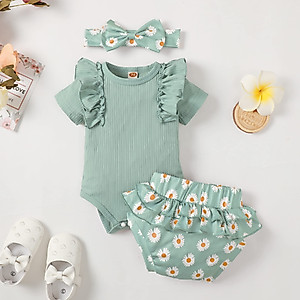 Newborn Baby Girl Clothes Infant Short Ruffle Romper Floral Pants Baby Girl Summer Outfits (Green, 3-6 Months)