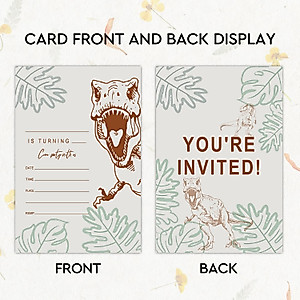 YUEXLL Dinosaur Birthday Party Invitations Cards with Envelopes, T-Rex Party Invitations, Birthday Celebration Supplies, Double-sided Fill-in bday Invites for Boys Girls - C03