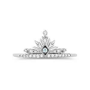 Jewelili Enchanted Disney Fine Jewelry Sterling Silver with 1/4 CTTW Diamonds and Swiss Blue Topaz Elsa Snowflake Ring Size 7