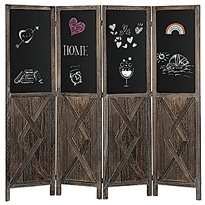 5.8Ft Tall Wood Room Divider with Chalkboard Panels, 4 Panel Rustic Folding Privacy Screens Room Divider, Partition Wall dividers for Rooms, Room Separator, Folding Screen, Rustic Barnwood, Brown