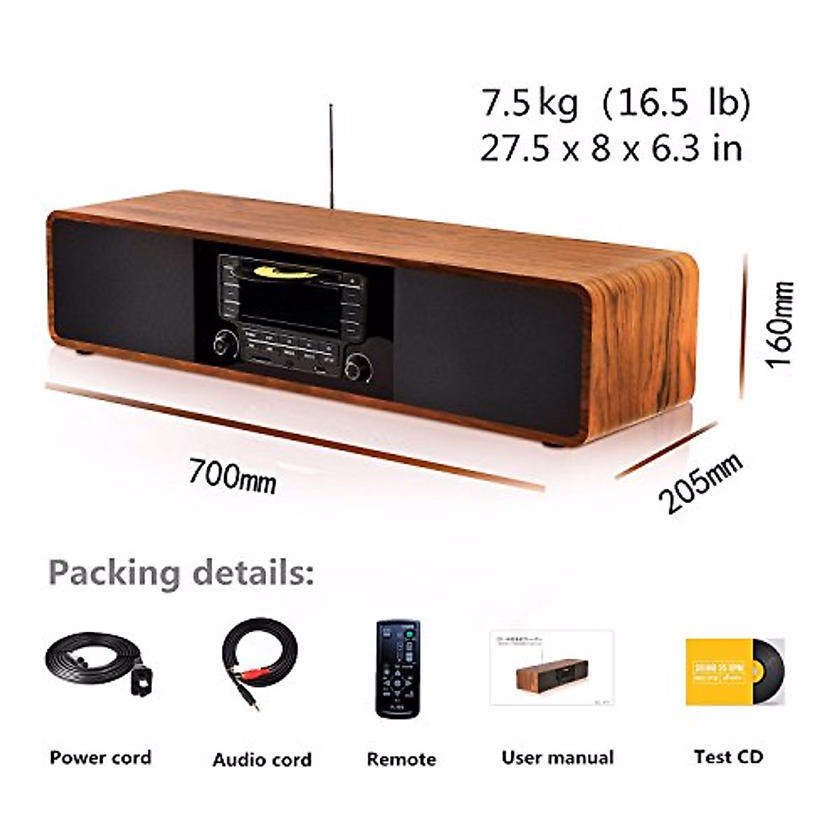 KEiiD CD Player for Home with Bluetooth Stereo System Wooden Desktop Speakers FM Radio USB SD AUX Remote Control, 28 Inch Long 20 Pounds Weight