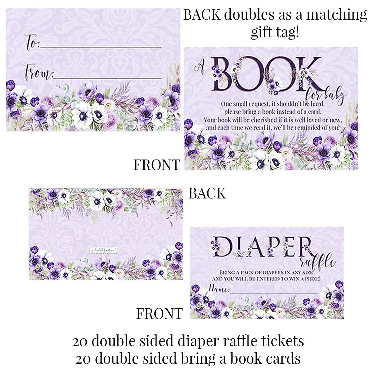 Amanda Creation Watercolor Violet Floral Baby Shower Party Bundle Includes 20 each of Invitations with Envelopes + 4 Different Sizes of Decorative Stickers, Diaper Tickets & Bring a Book Cards