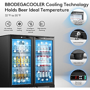 BODEGACOOLER Back Bar Cooler With 2 Glass Doors,Under Counter Back Bar Refrigerator 7.4 Cu.Ft with LED Lighting,Commercial Display Beverage Cooler for Beer,Soda Drinks,Wine