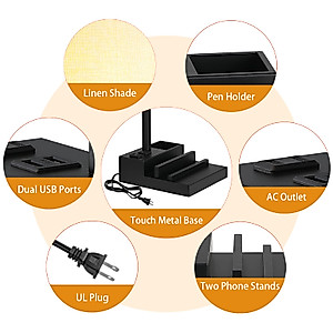 Iporovon 3-Way Dimmable Touch Control Lamps for Nightstand, Bedside Lamp with USB Ports & Outlet, Linen Shade, 2 Phone Stand & Pen Holder, Modern Desk Side Table Lamp for Bedroom Living Room Reading