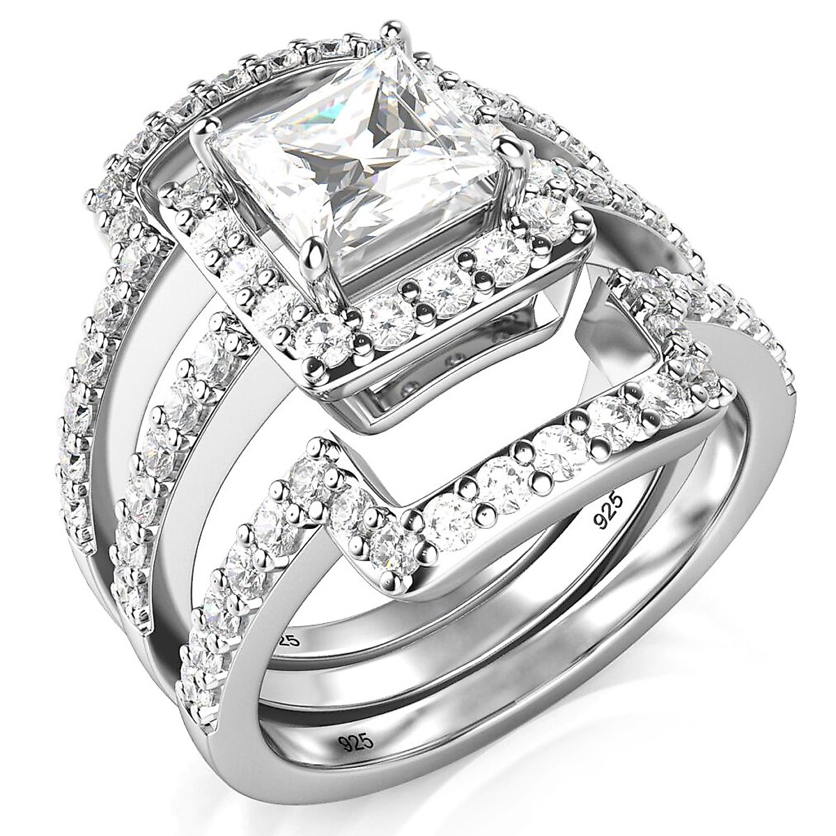 Metal Factory Sz 8 Sterling Silver 3Pcs 925 CZ Cubic Zirconia Engagement Wedding Band Ring Set
