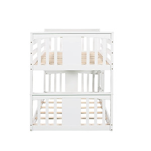 Twin Bunk Beds Low Bunk Bed Frame Wood Twin Over Twin Bunkbed for Kids Toddlers Boys Girls Bedroom, White