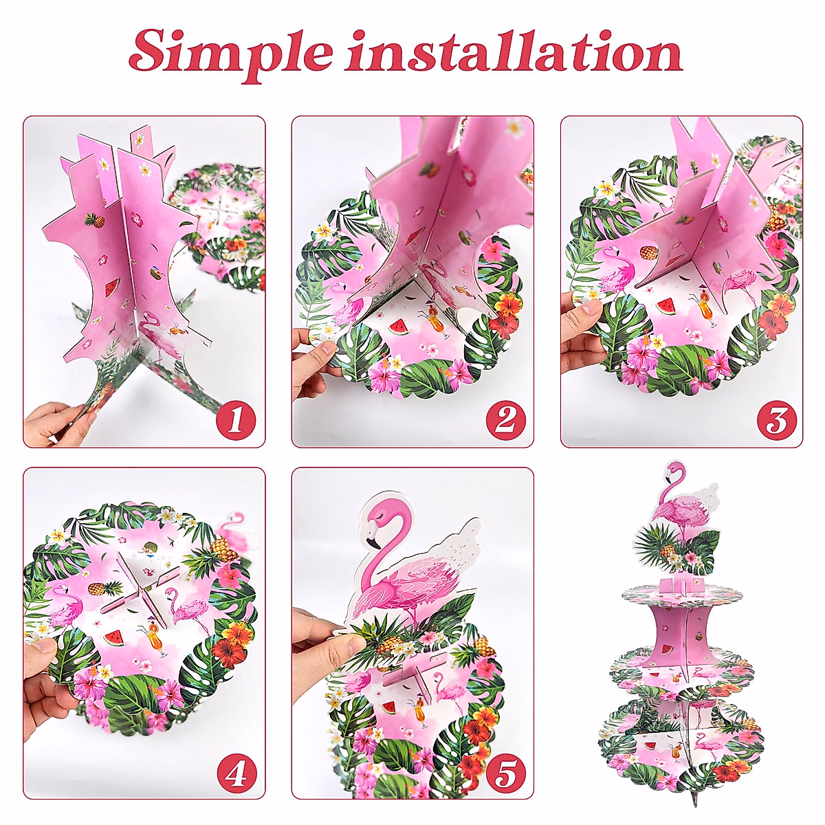 Rainmae 3 Tier Pink Flamingo Cupcake Stand, Hawaiian Theme Cupcake Holder, Luau Aloha Cake Holder Decorations, Dessert Tower Tropical Supplies Baby Shower for Summer Pool Beach Birthday Party Supplies