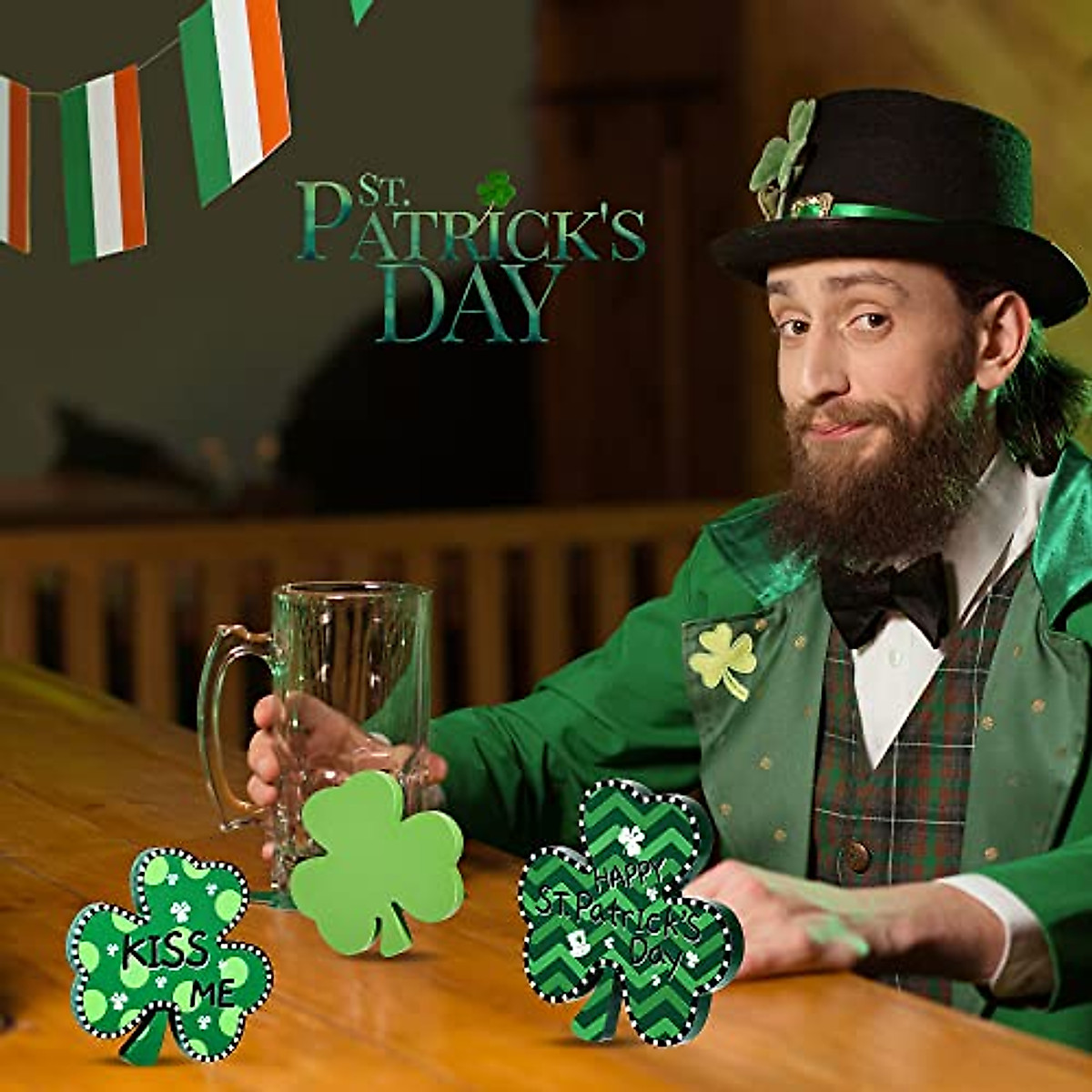 3 Pieces St. Patrick's Day Wooden Decors Irish Shamrocks Ornaments Lucky Clover Baubles Green Shamrock Signs for Desk, Office and Home Decoration (Cute Style)