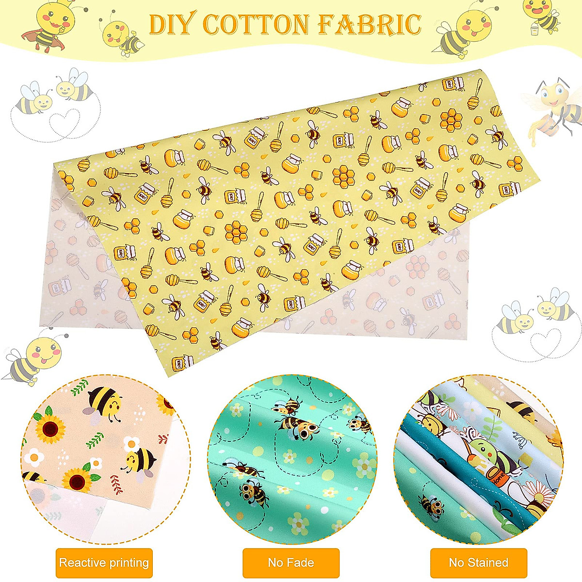 8 Pieces Bee Fabric Honey Bee Pattern Fabric Fat Quarters Bee Theme Quilting Fabric Bees Flower Printed Craft Fabric Bundles for DIY Sewing Quilting Crafts (20 x 20 Inch)