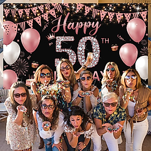 50th Birthday Decorations Backdrop Banner for Women, Happy 50th Birthday Decorations Women, Rose Gold 50 Years Old Birthday Photo Props, Fifty Birthday Party Poster Backdrop Fabric 6.1ft x 3.6ft PHXEY