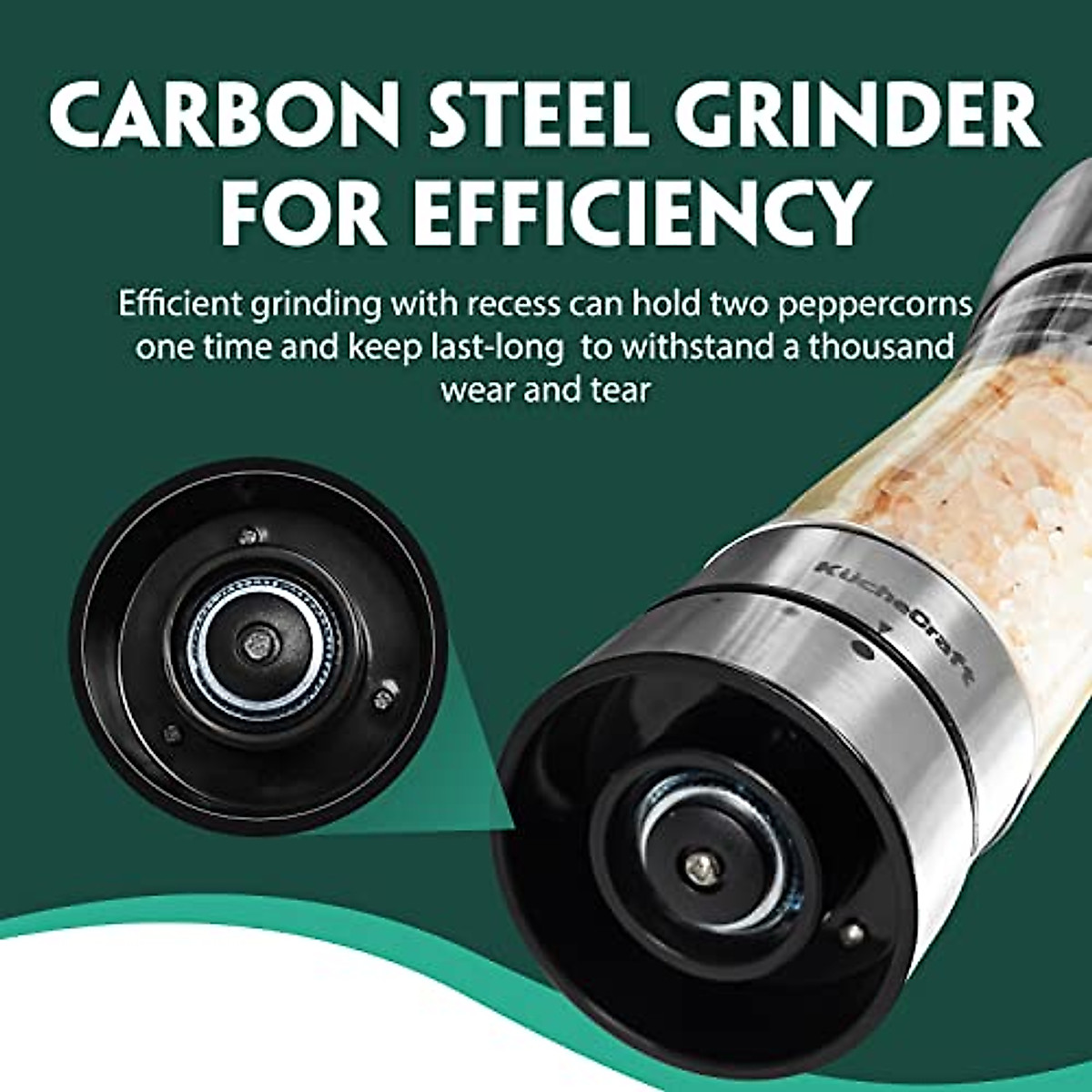KucheCraft Pepper Grinder - Easy Grip Pepper Mill Grinder or Salt Grinder Refillable - Stainless Steel Peppercorn Grinder with Upgraded Grinding Precision