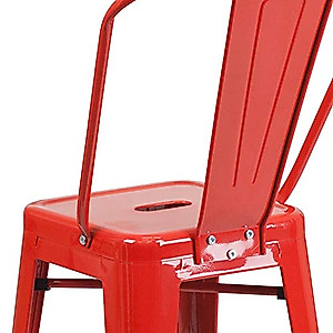 EMMA + OLIVER Commercial Grade 24" H Red Metal Indoor-Outdoor Counter Height Stool w/ Back