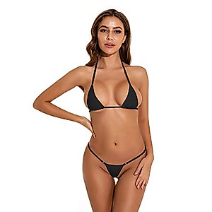 Oneheekini Women Sexy Halterneck Mini Micro Bra Charming Bikini G String Bottom Set Black
