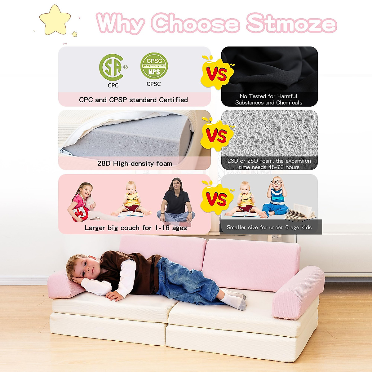 Stmoze Nugget Couch, Modular Kids Play Couch, Kids Couch for Playroom, Kids Sofa Couch, 5 Seconds Instant Expansion, Corduroy Fabric, Pink and Beige