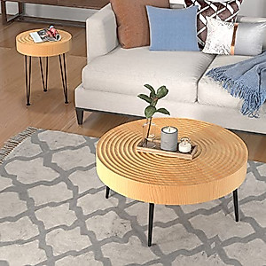 GOFLAME Round Coffee Table Set of 2, Farmhouse Boho End Tables with Natural Finish & Wood Ring Motif, Solid Wood Nesting Side Tables with Metal Legs & Adjustable Foot Pads for Living Room, Bedroom