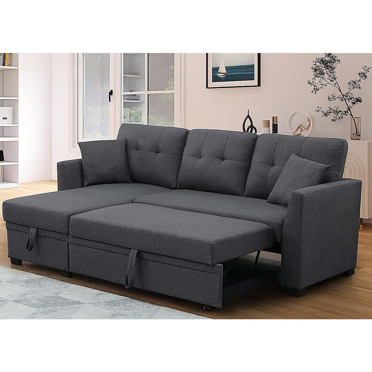 Sleeper Sofa with Pull Out Couch, Sleeper Couch with Storage Chaise, Small Sectional Sofa Lounge Couch 3 Seater Reversible Sofa Couch for Living Room, Bedroom,Apartment