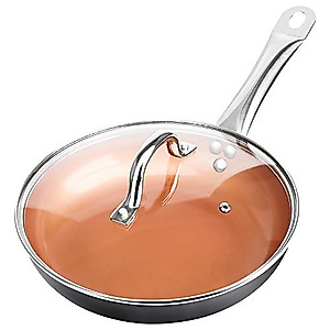 SHINEURI 9.5 inch Copper Nonstick Fry Pan with Lid, Ceramic Omelet Pans for Induction, Gas, Electric & Stovetops, Perfect for 2-3 Person Meal (Black)
