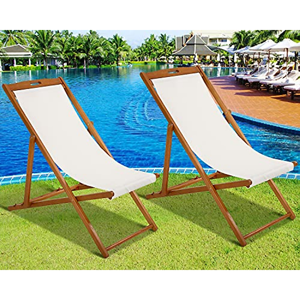 Beach Sling Chairs Set of 2 Outdoor Folding Portable Beach Chairs with Solid Wooden Frame and Polyester Canvas Reclining Adjustable Patio Lounge Chair for Yard Pool Balcony Garden