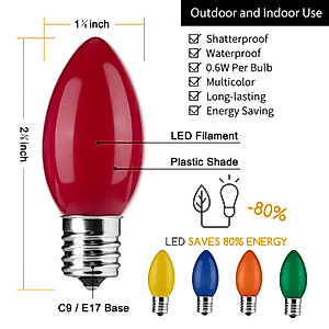 Brightown 25 Pack Multicolor C9 LED Christmas Light Bulbs, Colored Plastic C9 Shatterproof LED Bulbs Replacement for Christmas String Lights, E17 Intermediate Base, Commercial Dimmable Holiday Bulbs