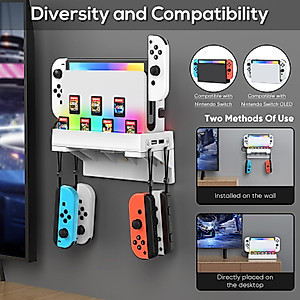 Switch Wall Mount for Nintendo Switch and Switch OLED,Games Console Wall Shelf with Light,Station Stand Holder for Charging Dock,7 Game Card Slots,4 Controller Accessories Kit Storage for Joy Con