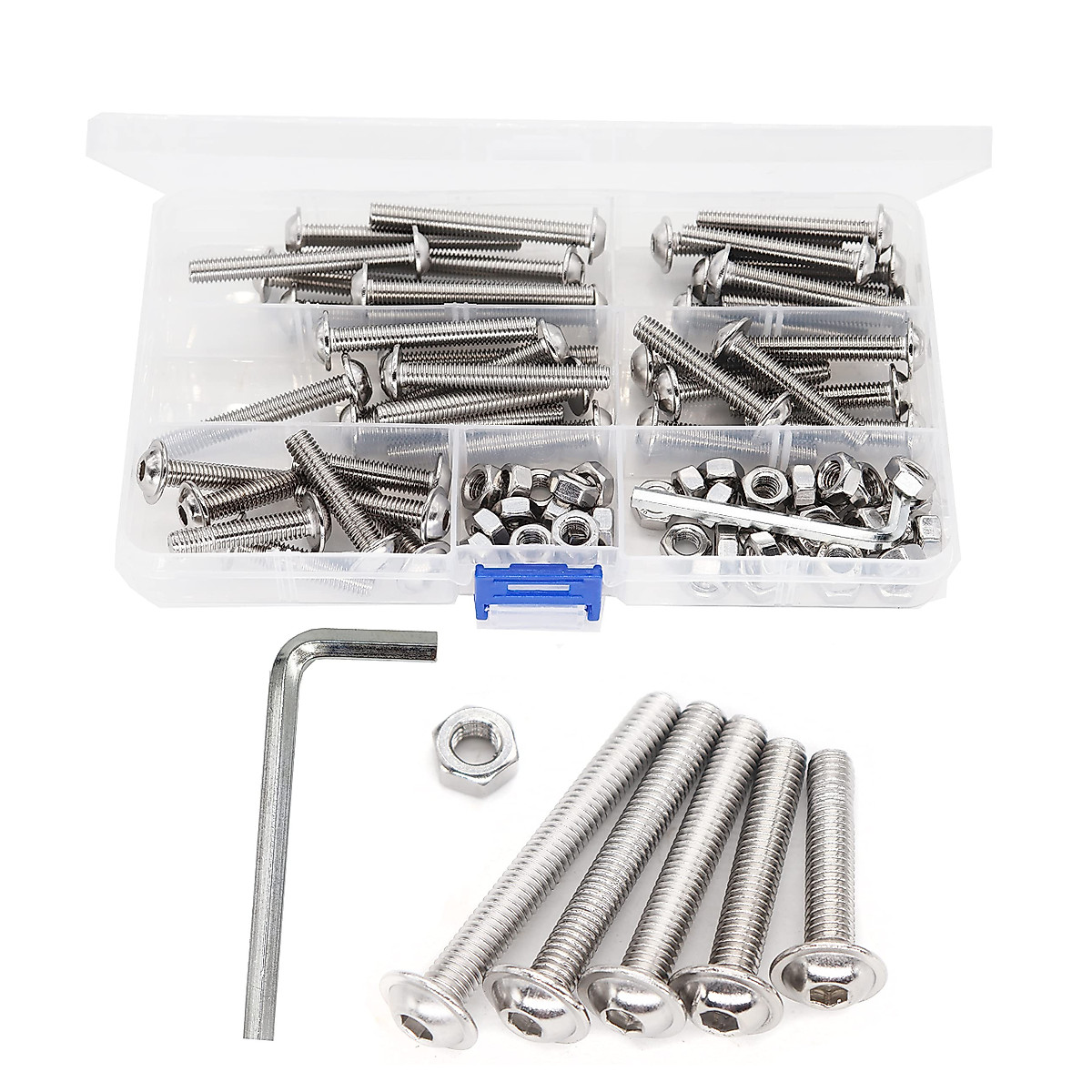 80pcs M6 x 30mm/ 35mm/ 40mm/ 45mm/ 50mm Flanged Button Head Hex Socket Cap Screws Nuts Assortment Kit, 80pcs, Allen Socket Drive, A2-70/18-8/304 Stainless Steel, Full Thread, Plain Finish