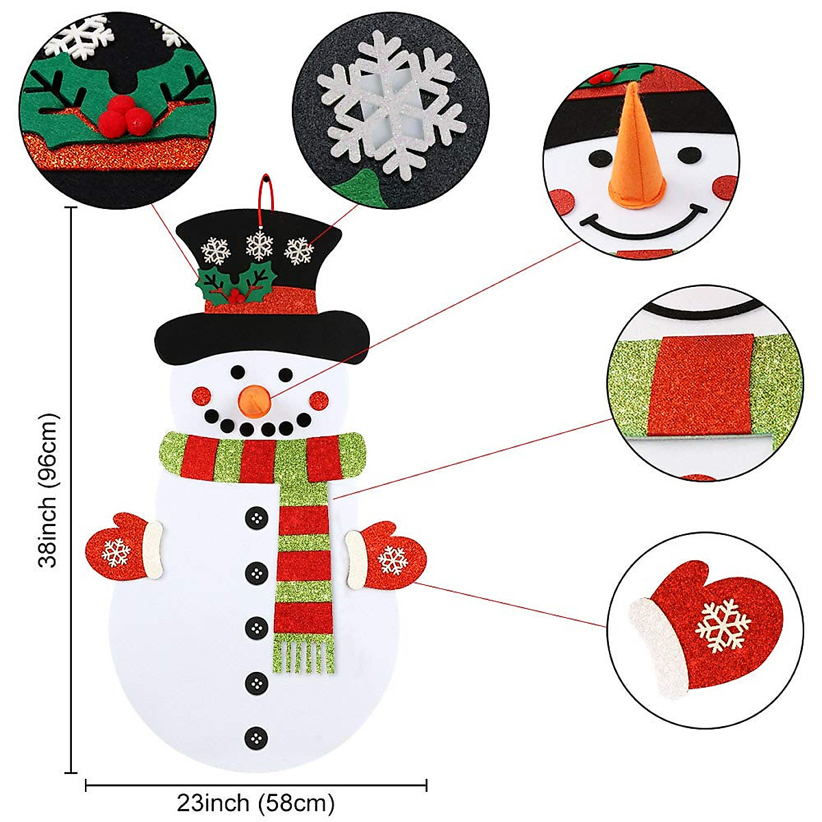 OurWarm Felt Snowman for Kids Wall, 3.2Ft Double-Sided DIY Felt Christmas Snowman Set with 35 Glitter Detachable Ornaments Xmas Gift for Toddlers Kids Christmas Home Door Wall Hanging Decorations