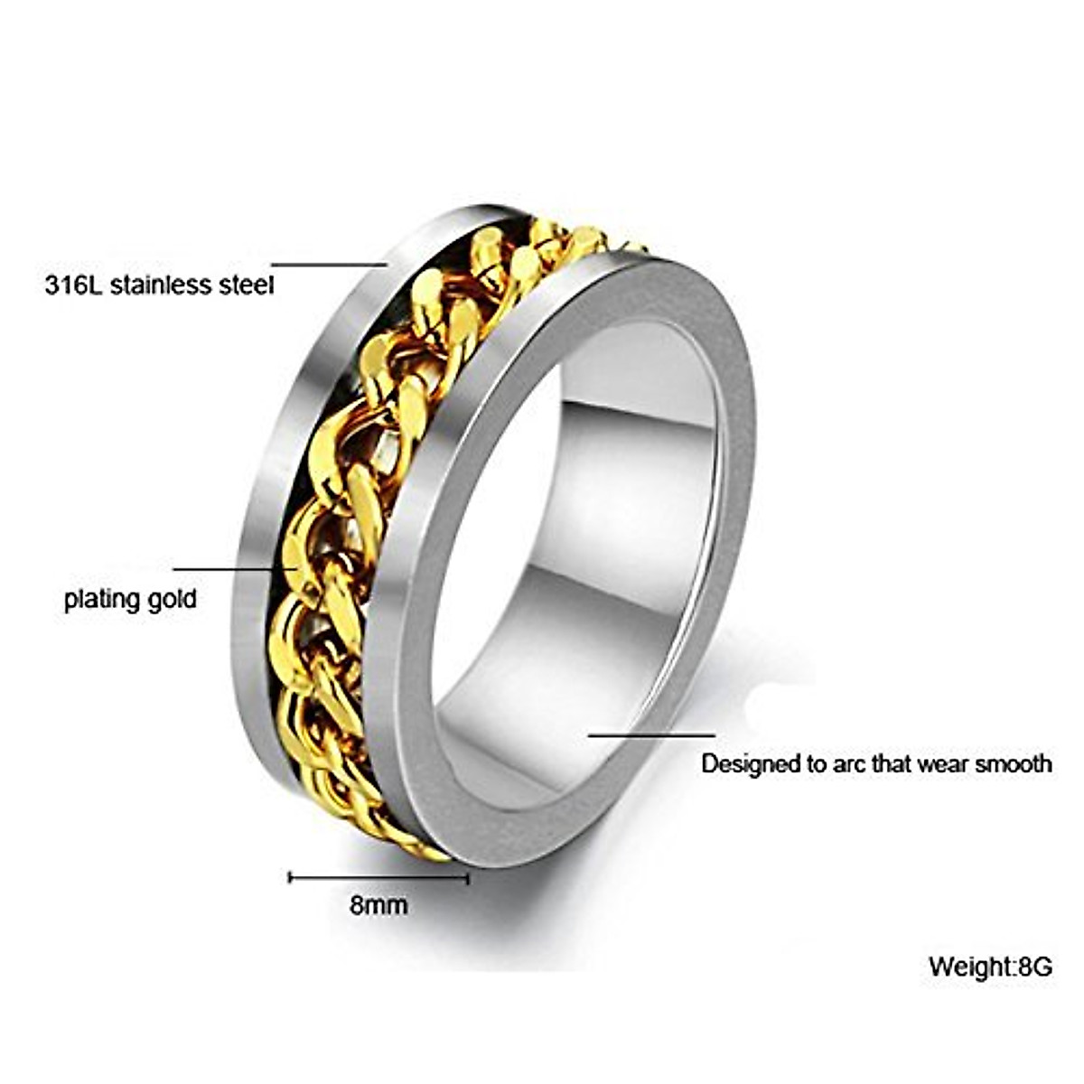 JAJAFOOK Jewelry 8mm Silver and Gold Spinner/Rotatable Chain Eternity Wedding Ring Band for Unisex Rings