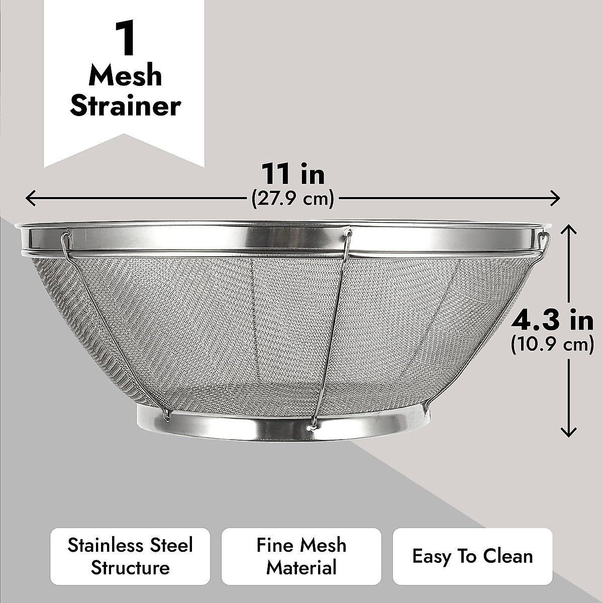 Large Fine Mesh Pasta Strainer, Metal Colander for Rice, Quinoa, Yogurt (10 x 4 In)