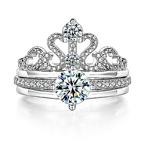 Wisslotus Womens Rings Set Princess Queen 18K White Gold Plated Tiara Crown CZ Promise Rings Stackable Thumb Open Adjustable Rings Set (White gold)