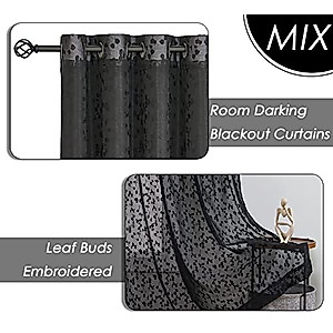 Jubilantex Full Blackout Curtains + Leaf Sheer Window Panels, Mix and Match Style Double Layer Window Treatment Sets for Bedroom Living Room, 4 Panels 52" W x 84" L, Black and Black