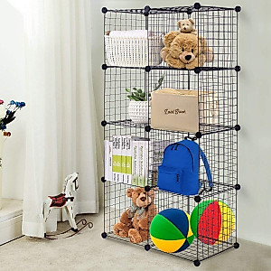 BANGTANE Wire Cube Storage Organizer, 8-Cube Grid Storage Shelves, Modular Wire Shelving Units, DIY Closet Cabinet Organizer for Home, Office, Living Room, 14” x 14”, Black (8 Cubes)