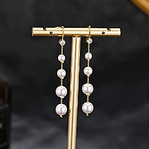 Long Pearl Earrings for Women 14K Gold Plated Pearl Dangle Earrings Hypoallergenic Elegant Gold Pearl Tassel Earring