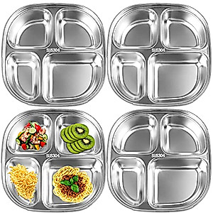 DEAYOU 4 Pack 18/10 Stainless Steel Divided Plates, Small Platter Compartment Tray with 4 Sections, Portion Control Serving Plate, Mess Food Sectioned Tray for Dinner, Lunch, Child, Cafeteria, 7.7"