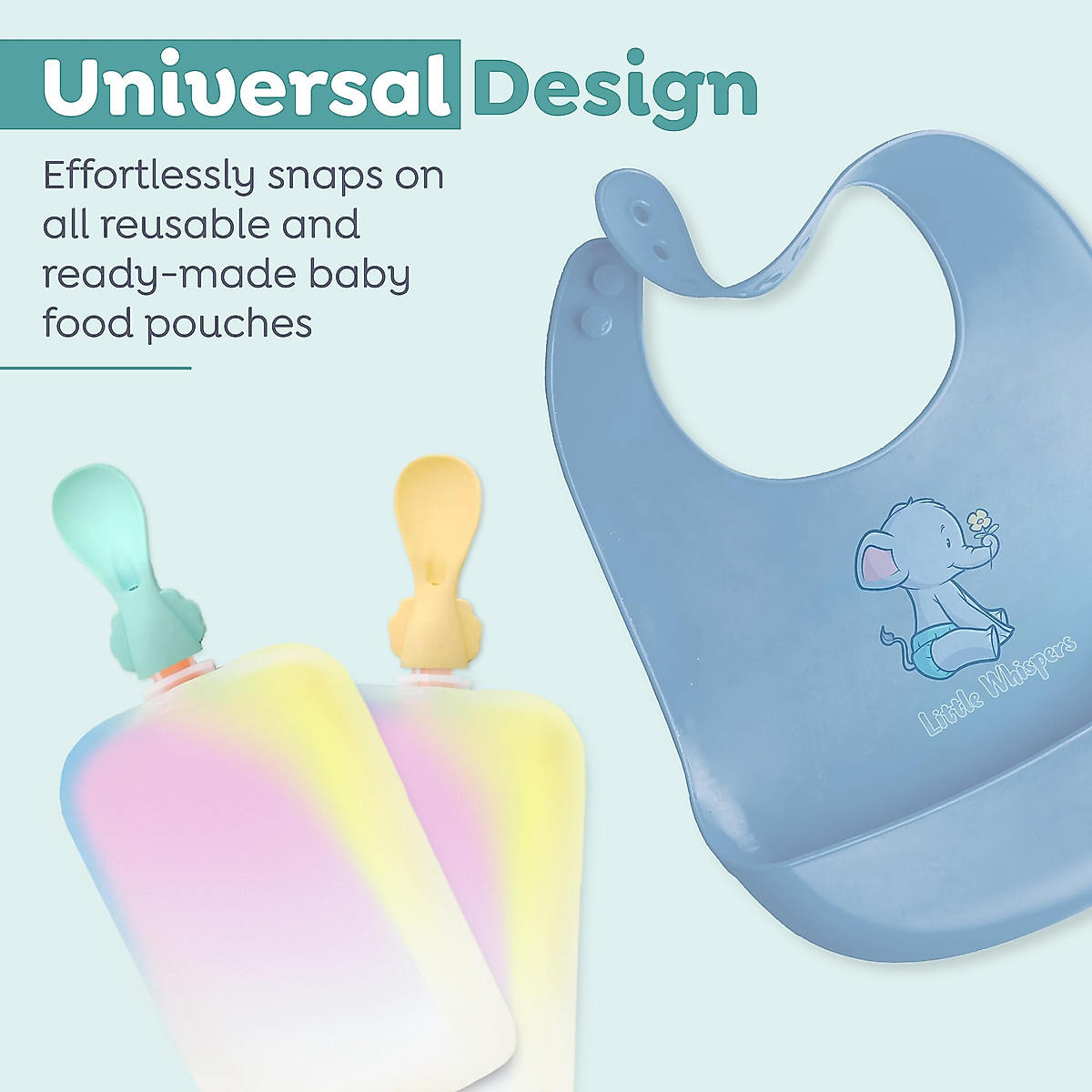 LittleWhispers Baby Food Pouch Silicone Spoons with Travel Cases - 3 Squeeze Pouch Attachment Toppers