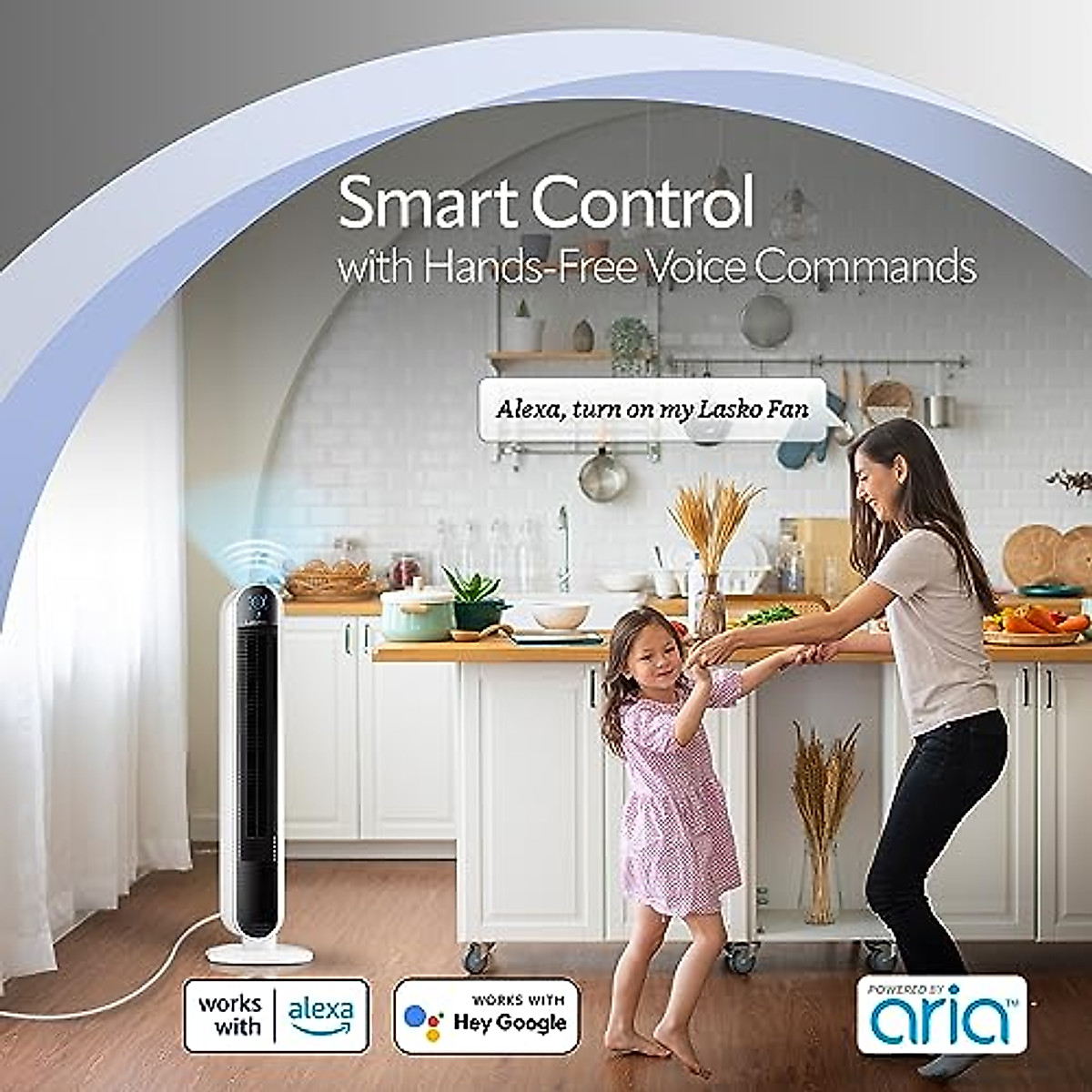 Lasko Smart Oscillating Tower Fan Powered by Aria, Wi-Fi Connected, Voice Controlled, Compatible with Alexa and Google Assistant, Timer, 5-Speeds, 40", White, T40735, Large