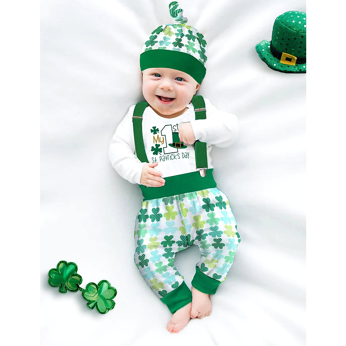 AGAPENG St Patricks Day Baby Boy Outfit Baby St Patricks Day Outfit Boy 0-3 Months My First St Patricks Day Baby Boy Outfit Long Sleeve Romper Shamrocks Suspenders Pants Hat