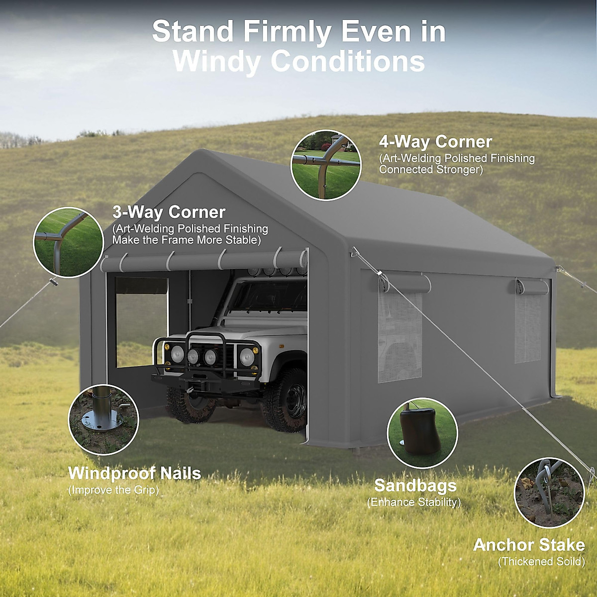 Carport 10x20ft Portable Upgraded Garage，Heavy Duty Carport with 2 Roll-up Doors & 4 Ventilated Windows, UV Resistant All-Season Waterproof Tarp, Reinforced Steel Poles, for Car, Truck, Boat