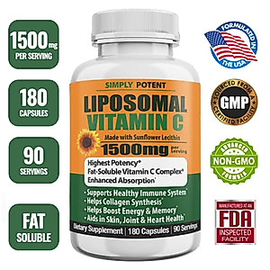 Liposomal Vitamin C 1500mg, 180 Capsules, Enhanced Absorption Fat Soluble Ascorbic Acid VIT C, Liquid Liposomal Vitamin C Alternative, High Dose Supplement for Immune, Collagen, Heart & Brain Support