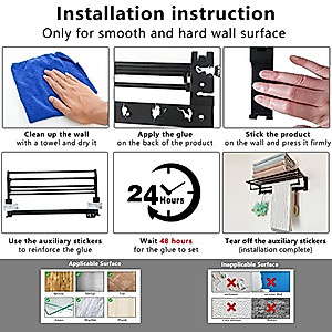 Towel Rack with Towel Bar for Bathroom Wall Mount,Foldable Toalla Holder with Hooks,Hotelier Rustproof Adjustable Bath Towels Shelf,No Drill,24 Inch Matte Black