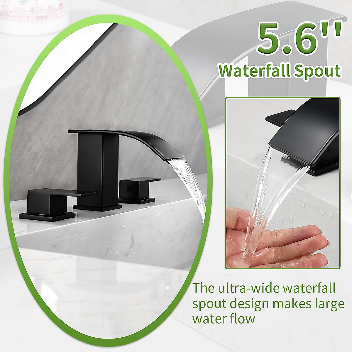 VIKASI Waterfall Bathroom Faucets for Sink 3 Hole Matte Black Bathroom Sink Faucet with Pop Up Drain 8 Inch Widespread Vanity Faucets Basin Faucet Modern Vanity Faucet 2 Handle Lavatory Faucet