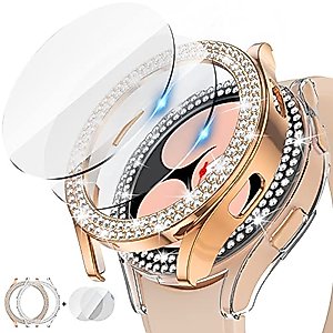 Tensea [2+2Pack for Samsung Galaxy Watch 4 2021/5 2022 Screen Protector and Case 44mm, Bling Cover Tempered Glass Protective Film and Hard PC Bumper Diamond Crystal Frame for Women