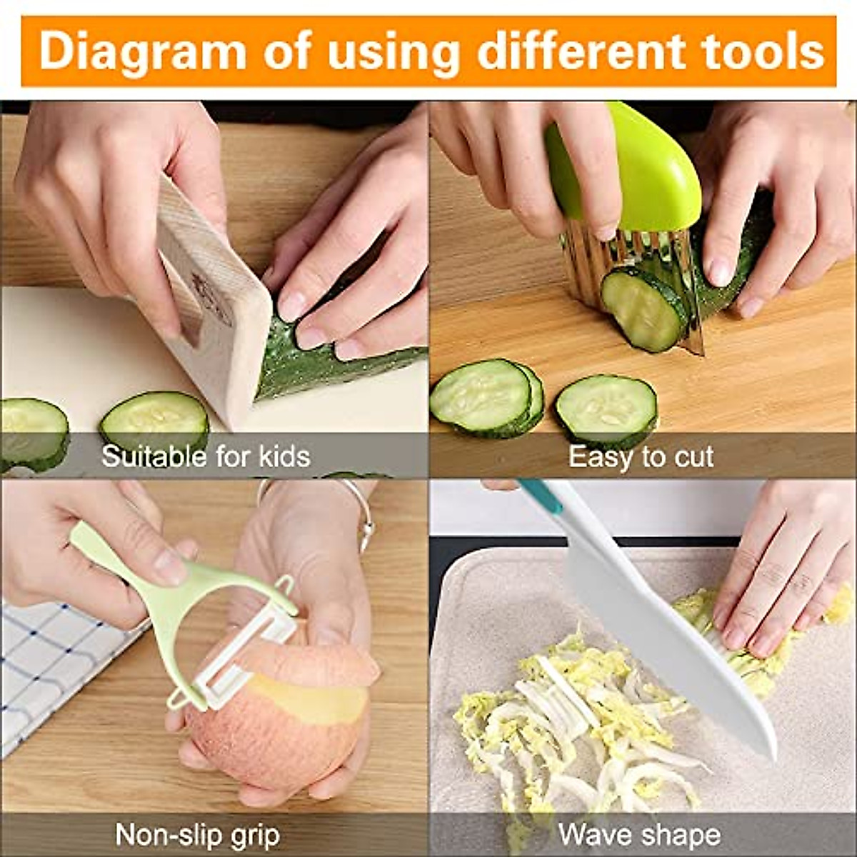 8 Pieces Wooden Kids Kitchen Knives Set for Real Cooking include 4 Plastic Toddler Safe Knives/Crinkle Cutter/Kids Cutting Board/Y-Peeler/Resistant Gloves for Cutting Veggies Fruit Cake Salad Bread