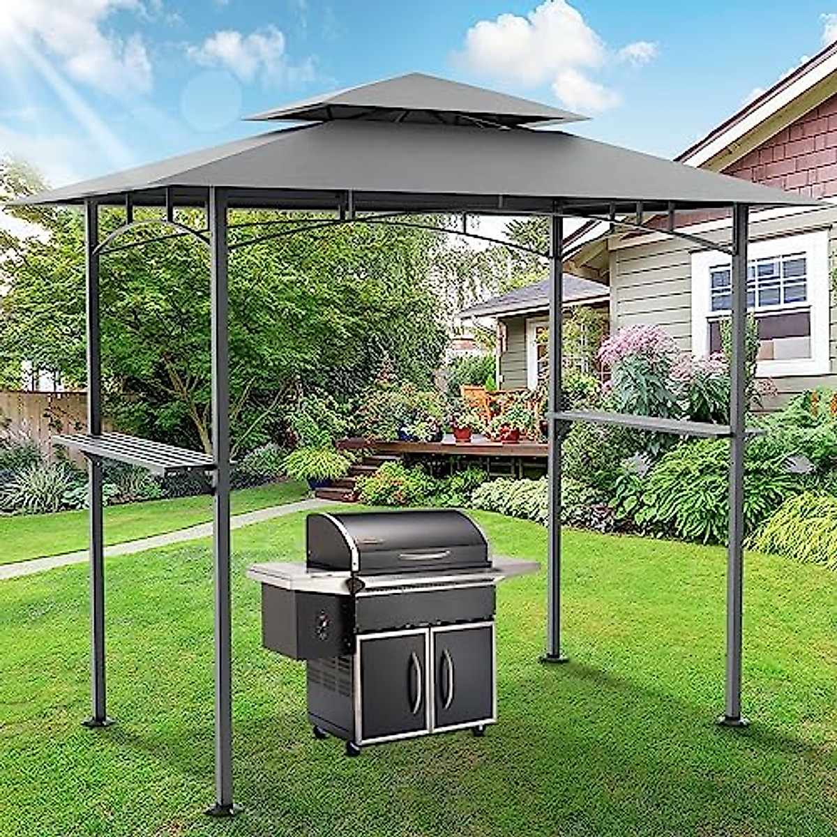 Zevemomo Grill Gazebo, 8x5 FT Grill Canopy for Outdoor Grill, Double Tiered BBQ Canopy Tent with 2 Shelves, 10 Hooks and Bottle Opener, All Weather Outdoor Gazebo for Patio, Backyard, Garden, Gray